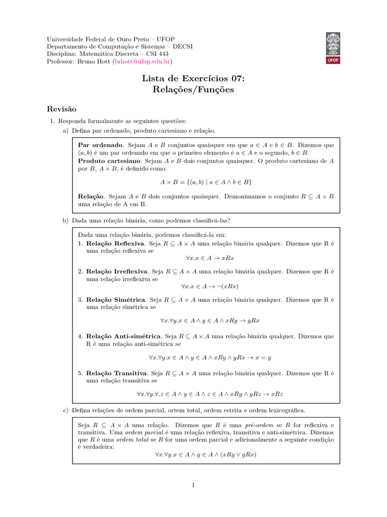E07 Relacoes-Funcoes Solucao | PDF | Conceitos matemáticos | Lógica matemática