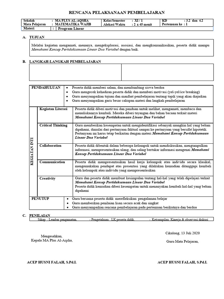 06 RPP 1 Lembar Matematika Wajib Kelas 11 KD 02 | PDF