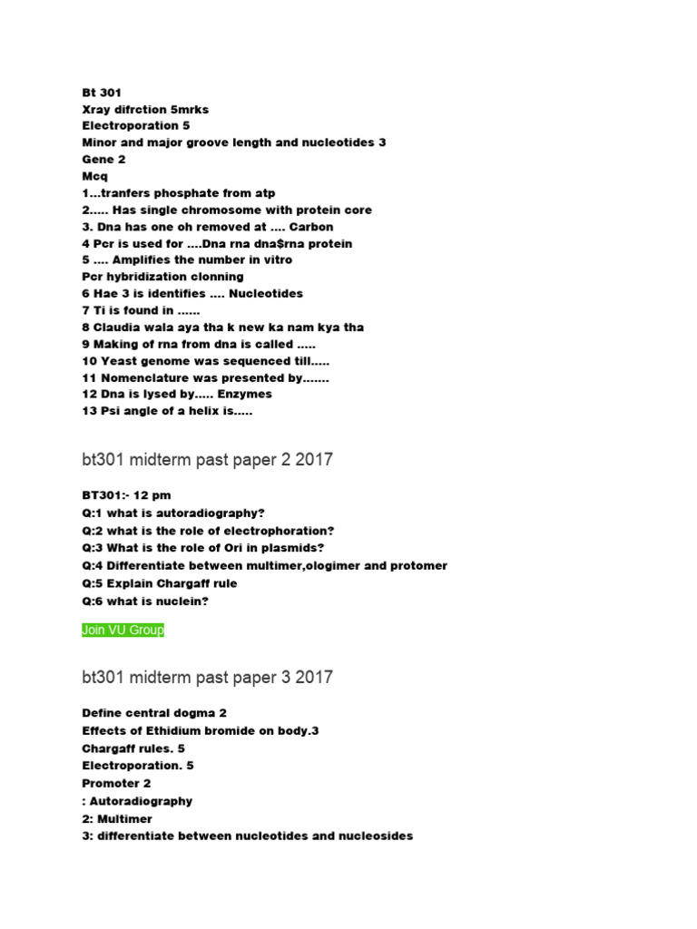 BT 301 Mid | PDF | Dna | Nucleic Acids