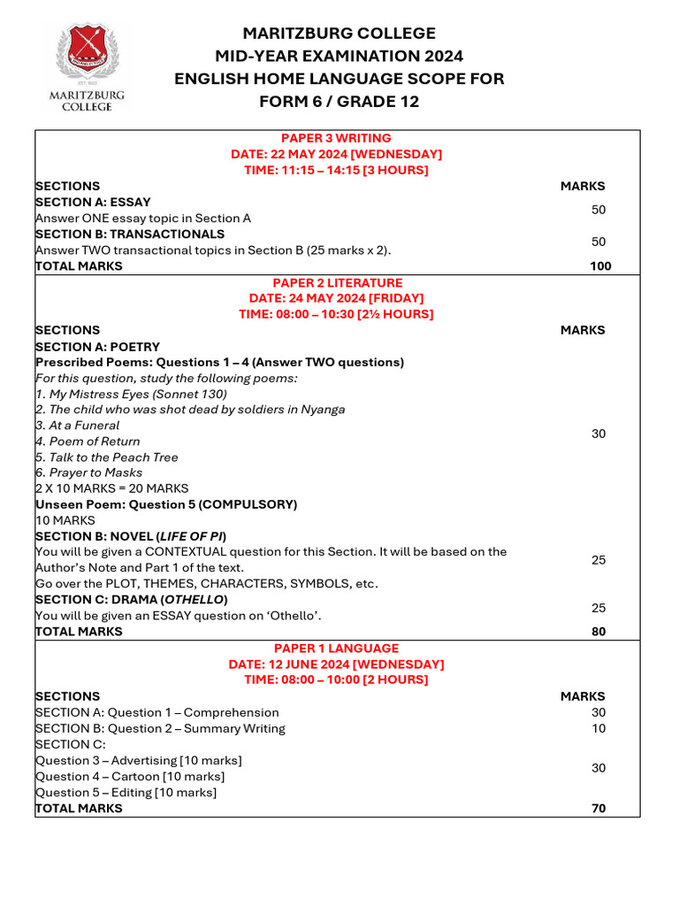 English HL Scope Form 6 Mid-Year 2024 | PDF | Writing | Poetry
