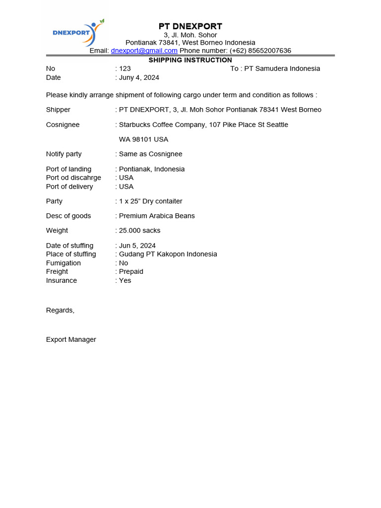 Shipping Instruction 1 | PDF