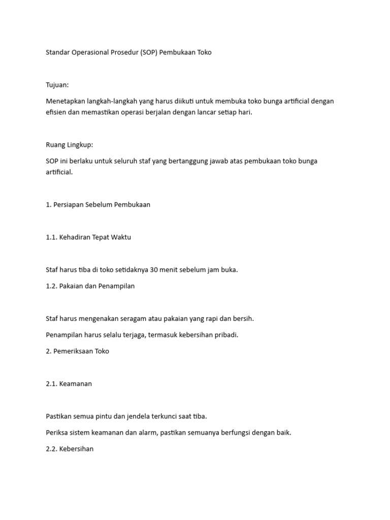 Standar Operasional Prosedur (Opening, Closing Dan Service) | PDF