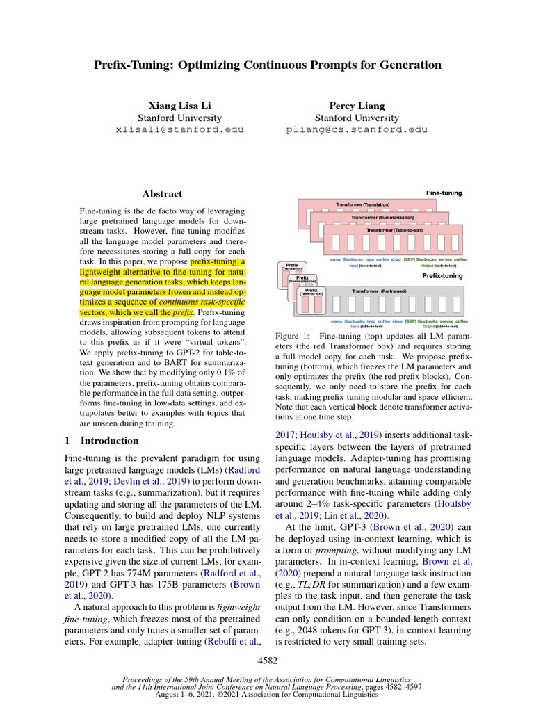 ACL_2021_Xiang Lisa Li_Prefix-Tuning Optimizing Continuous Prompts for Generation | PDF ...