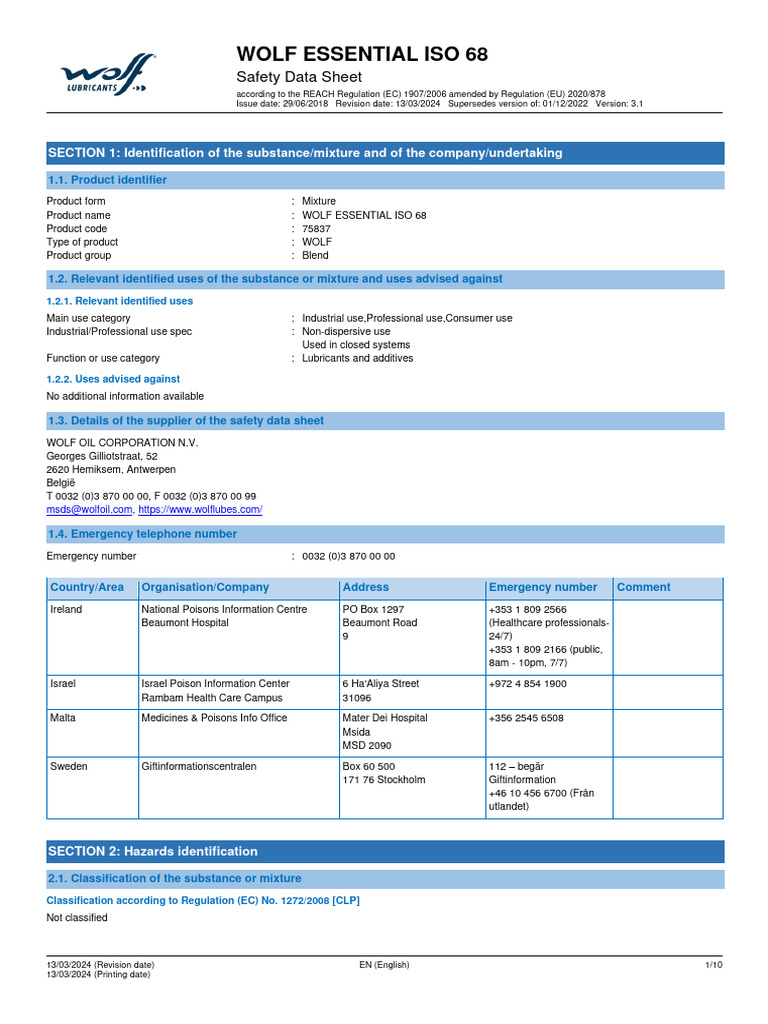 MSDS Wolf Iso VG 68 | PDF | Toxicity | Dangerous Goods