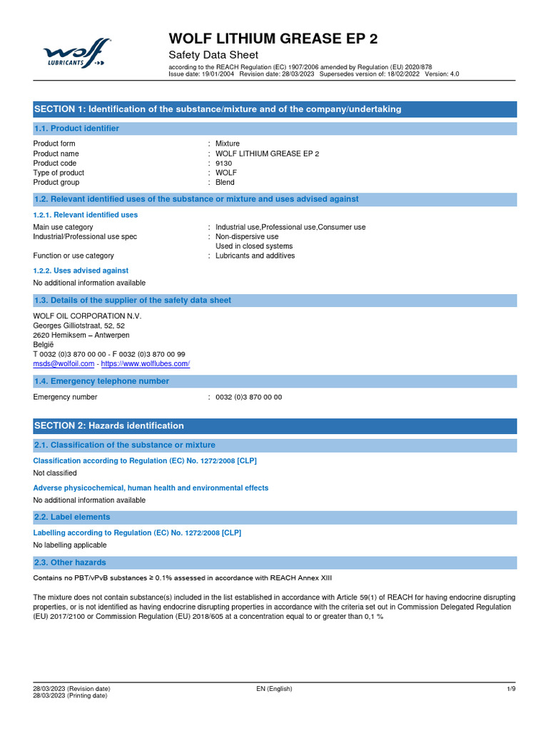 MSDS Grease Wolf EP2 | PDF | Applied And Interdisciplinary Physics ...