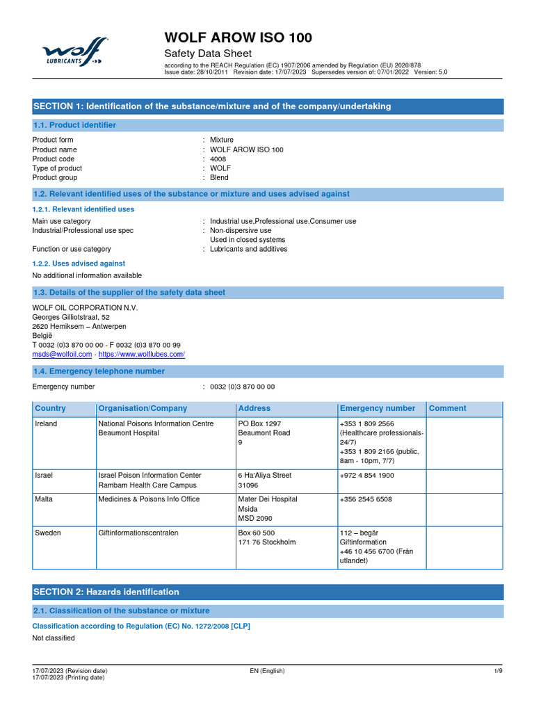 MSDS Wolf ISO 100 | PDF | Toxicity | Dangerous Goods