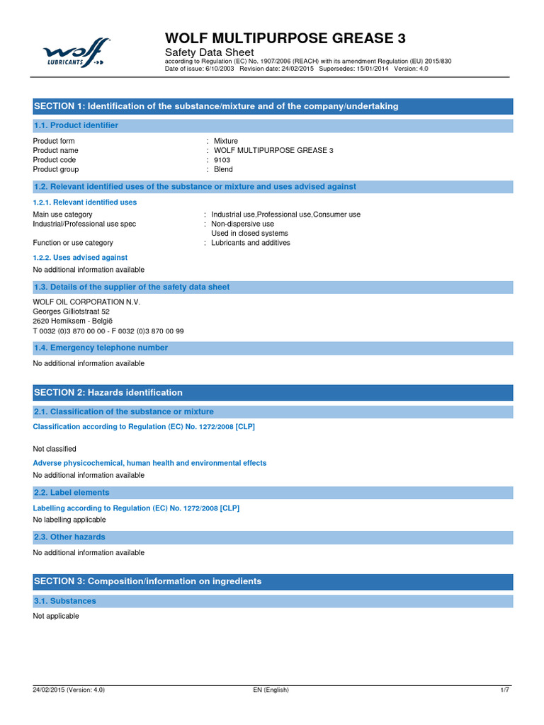 MSDS Grease Wolf EP3 | PDF | Chemistry | Materials