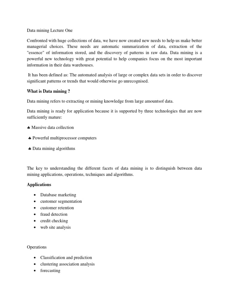 Data Mining Lecture One - Docx1 | PDF | Data Mining | Data Analysis