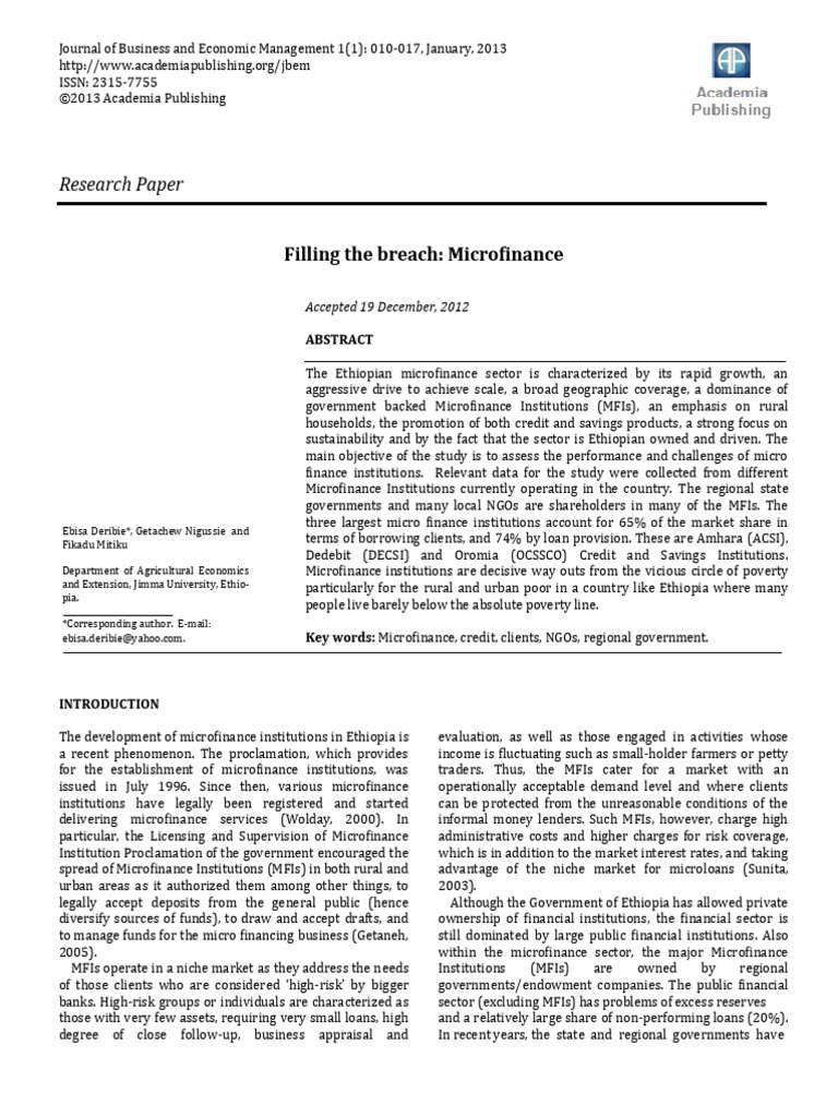 Ebisa Deribie 2013 Filling The Breach - Microfinance | PDF | Microfinance | Coefficient Of ...