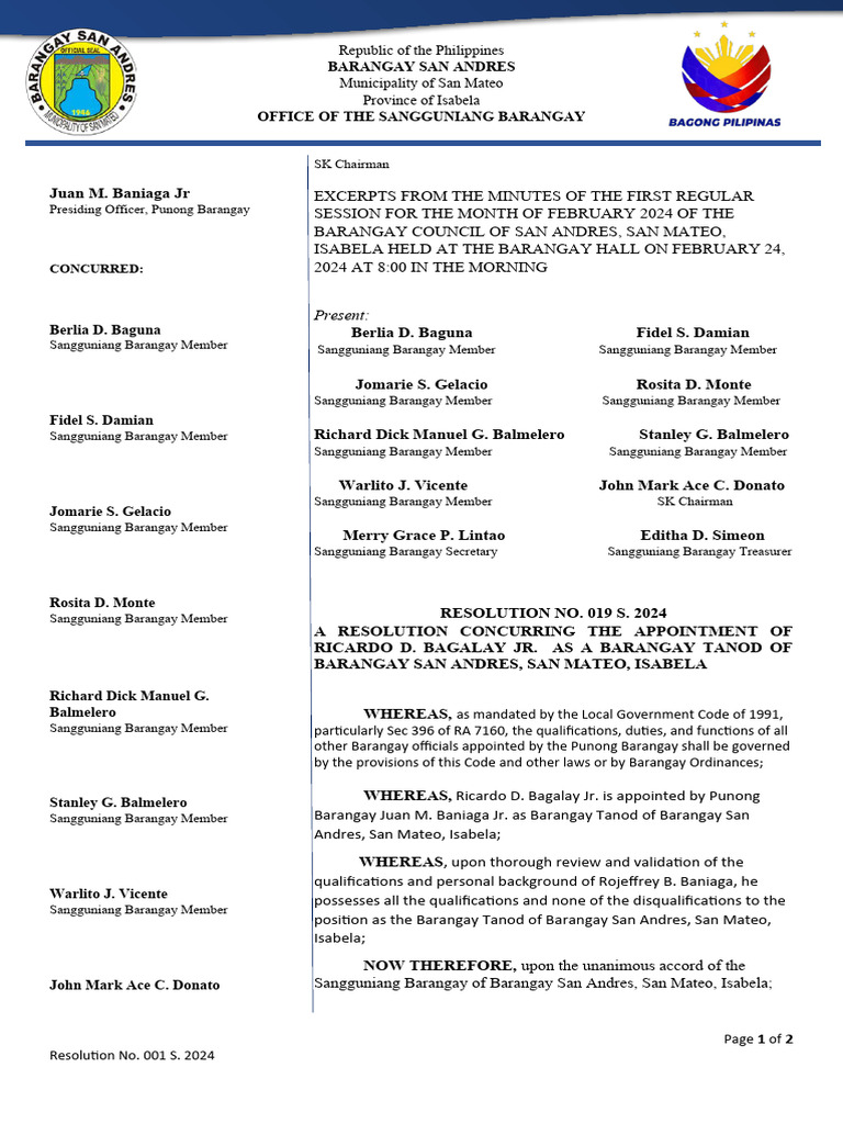 RESOLUTION 019-2024 | Download Free PDF | Philippines | Government