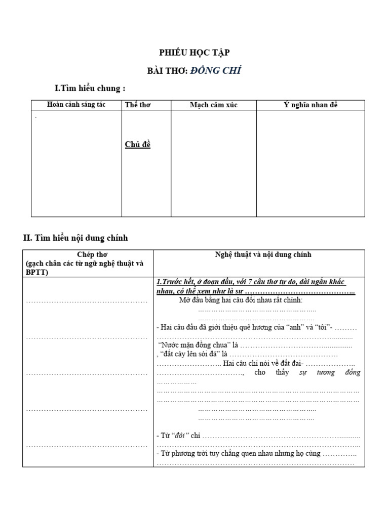 PHIẾU HỌC TẬP VB DONG CHI | PDF