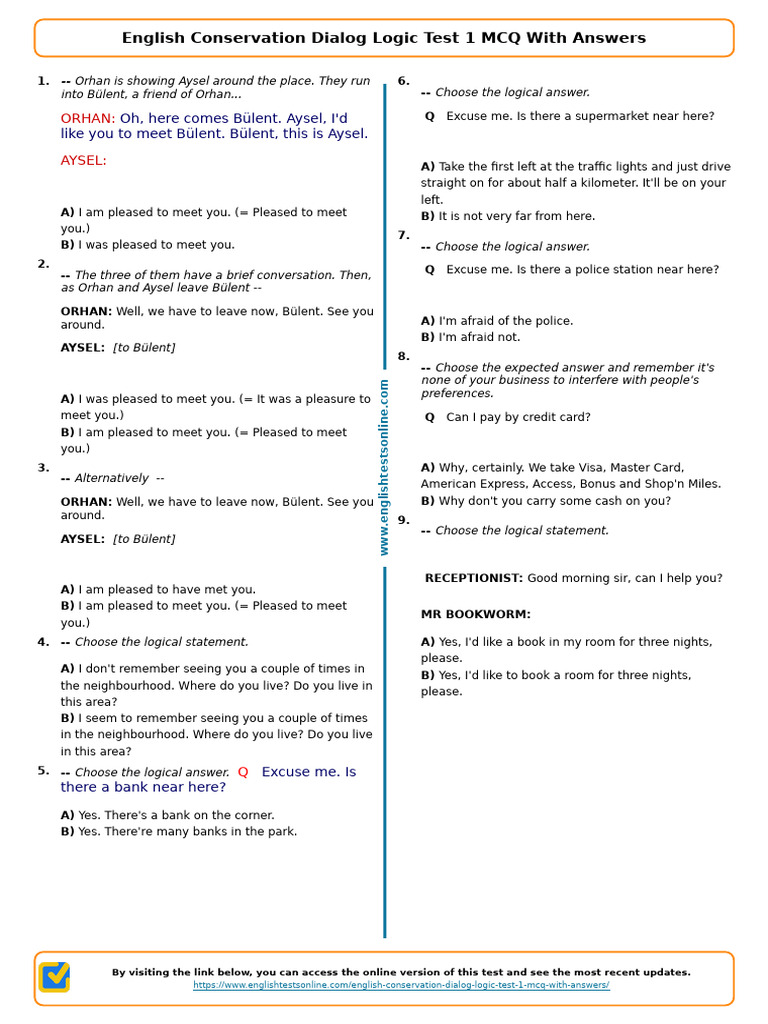611 - English Conservation Dialog Logic Test 1 MCQ With Answers | PDF