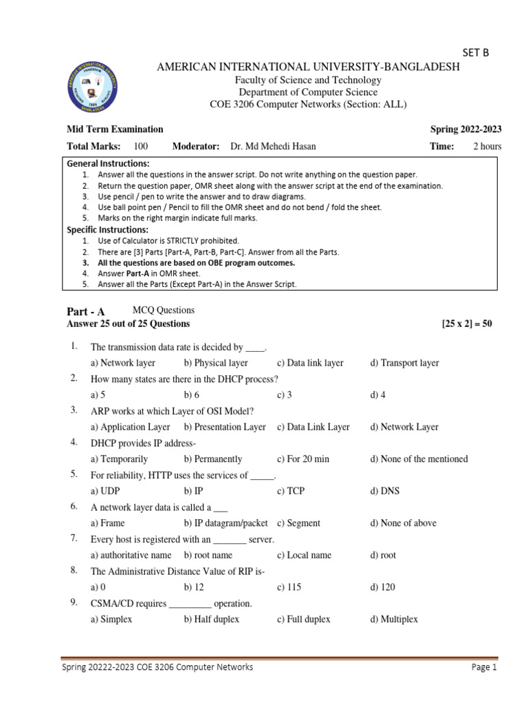 Coe 3204 Computer Networks Question Paper Mid (B) Spring22-23 | PDF | Computer Network | Osi Model