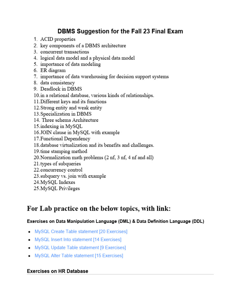 DBMS Suggestion Fall 23 Final Exam | PDF | Teaching Methods & Materials | Computers