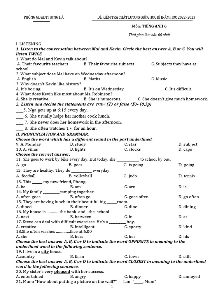 English Test for Grade 6 - Midterm 2022-2023 | PDF