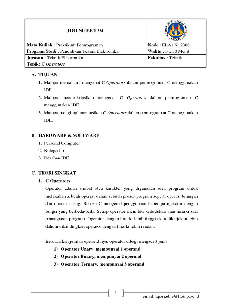 (2020) Job Sheet 4 - C Operators | PDF | Metode & Bahan Ajar | Komputer