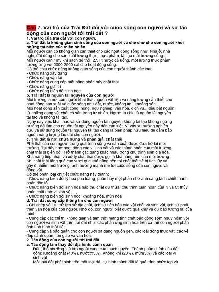 Câu 7. Vai trò của Trái Đất đối với cuộc sống con người và sự tác động của con người tới trái ...