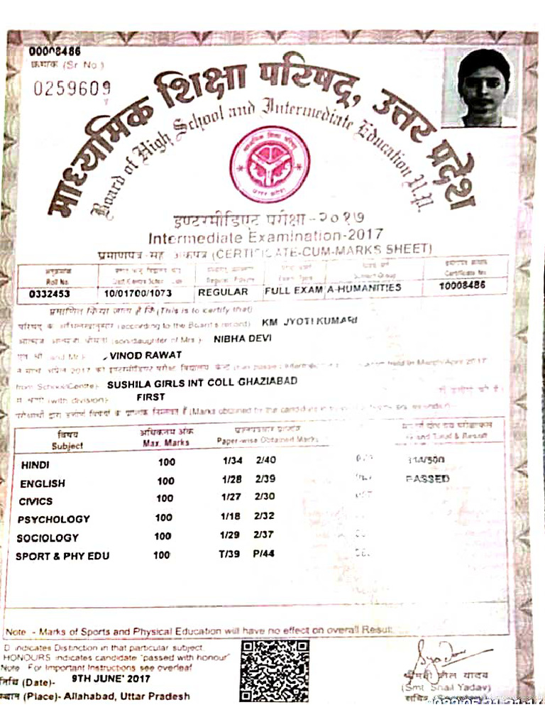 Jyoti 12 mark sheet | PDF