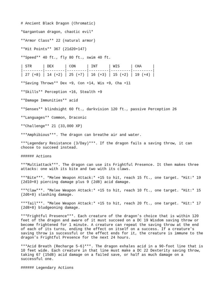 Ancient Black Dragon 5E Stat Block | PDF | Role Playing Games | Fantasy ...