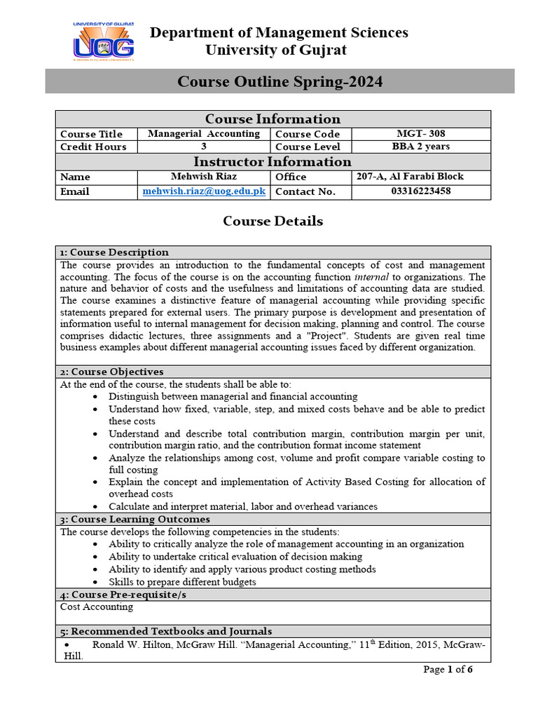 Managerial Accounting BBA 2 Years Outline | PDF | Business Economics