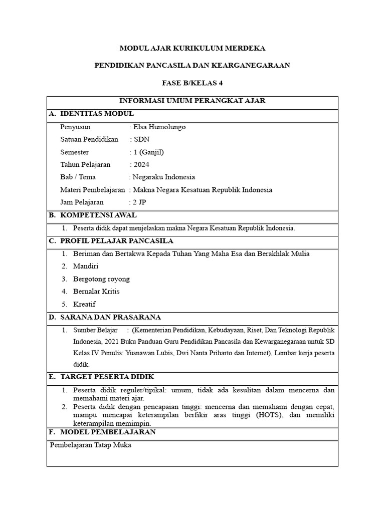 Modul Ajar PKN Kelas 4 | PDF