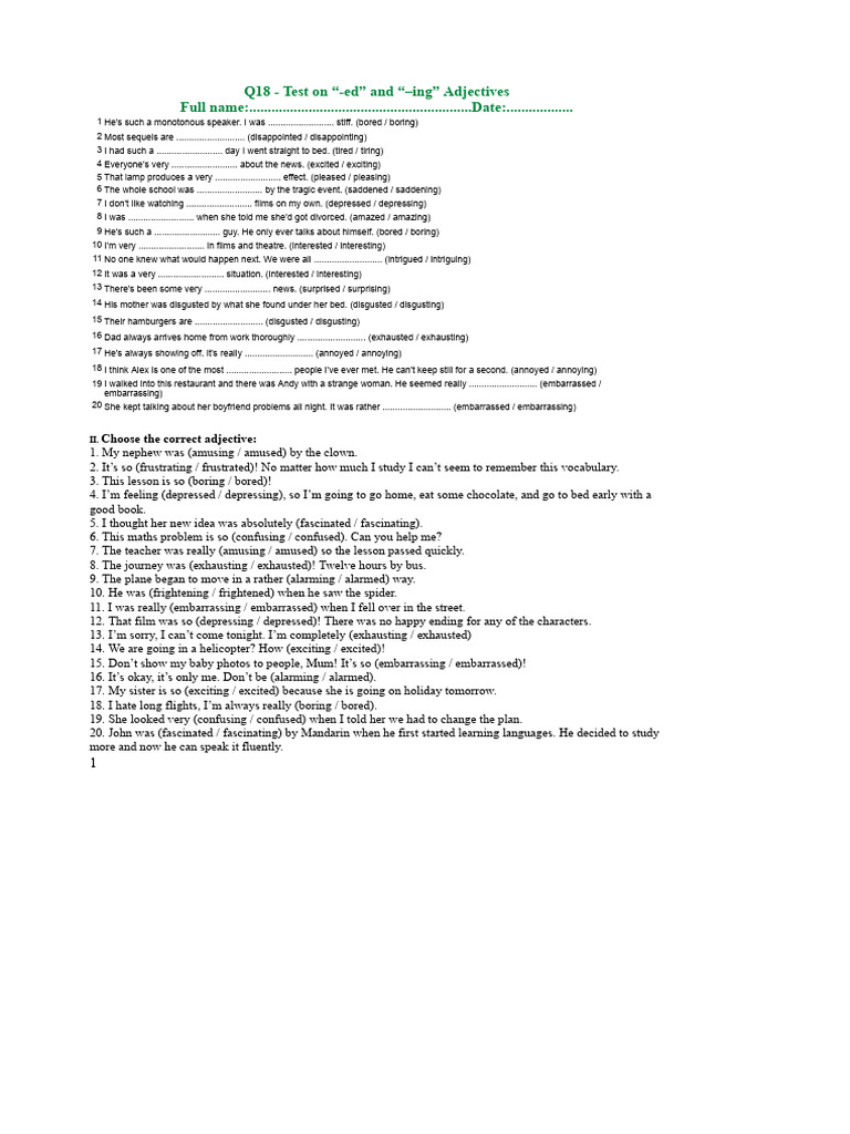 "-ed" vs. "-ing" Adjectives Test | PDF
