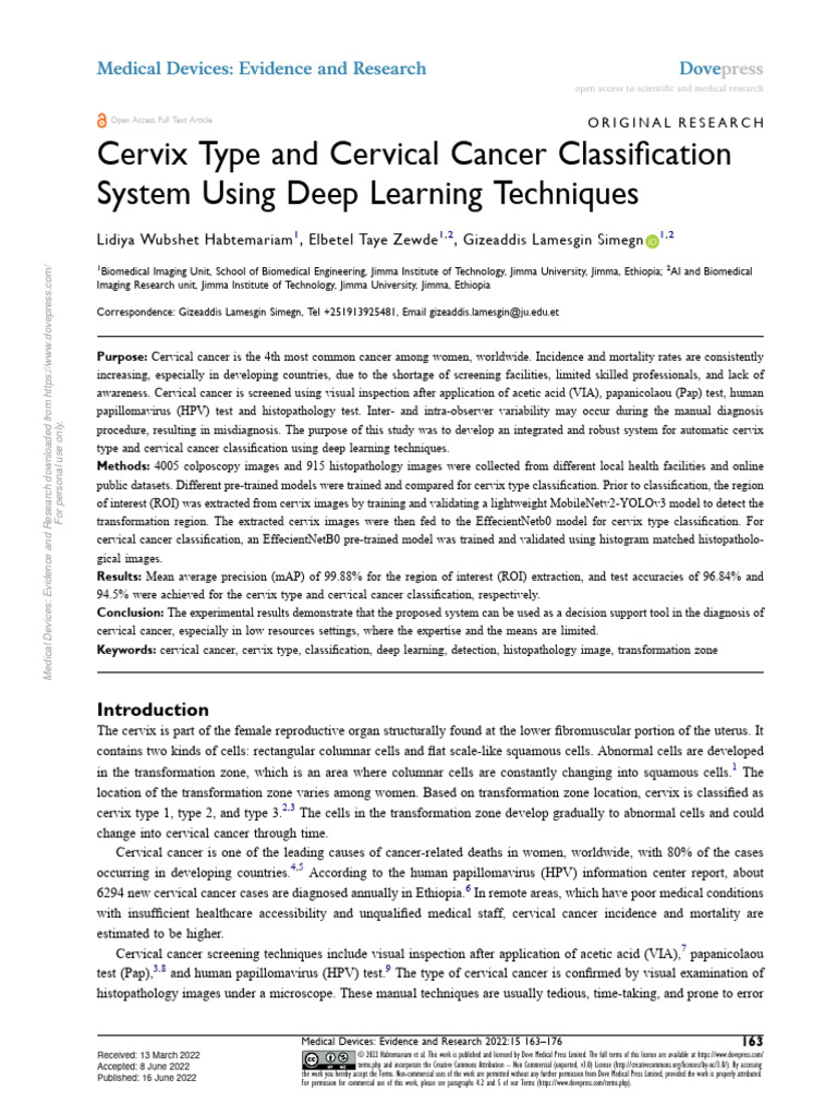 Cervix Type and Cervical Cancer Classification System Using Deep Learning Techniques | PDF ...