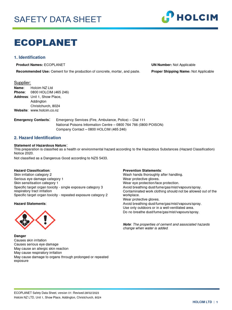 Holcimnz Sds Ecoplanet | PDF | Cement | Toxicity