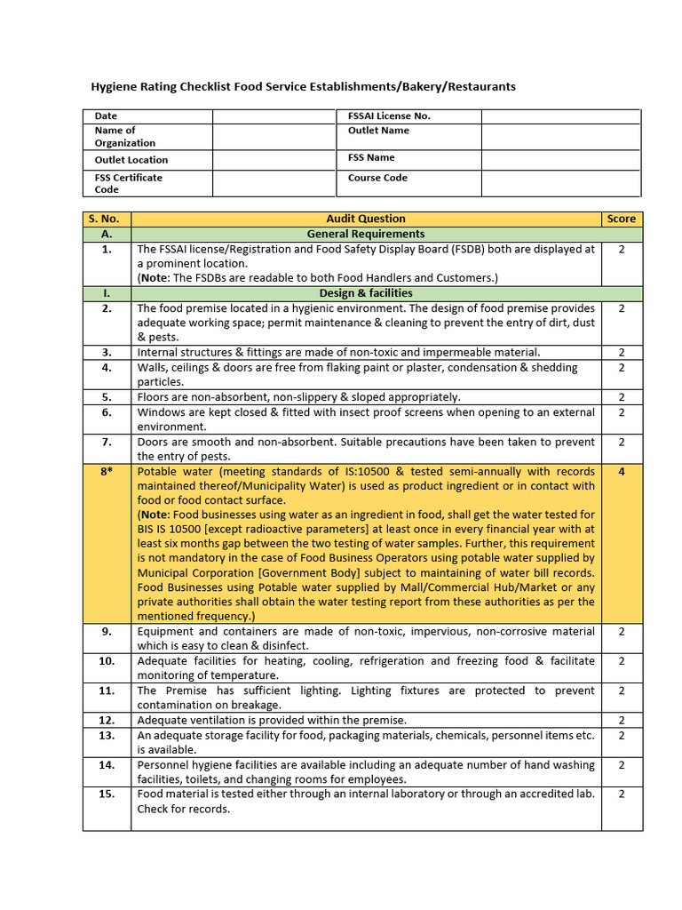 Hygiene Rating Sample Checklist | PDF | Food Safety | Hygiene