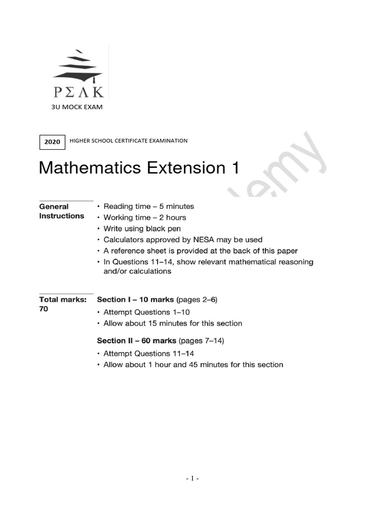 PEAK_Maths-Ext-1_Mock-HSC-Exam-2020 | PDF | Differential Calculus | Algebra