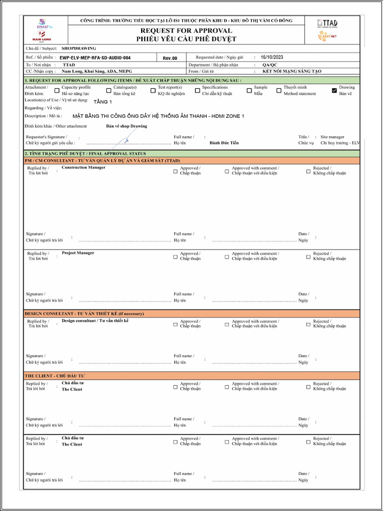EWP-ELV-MEP-RFA-SD-AUDIO-004 Rev.00 MAT BANG THI CONG HE AUDIO ZONE 1 TANG 1 | PDF