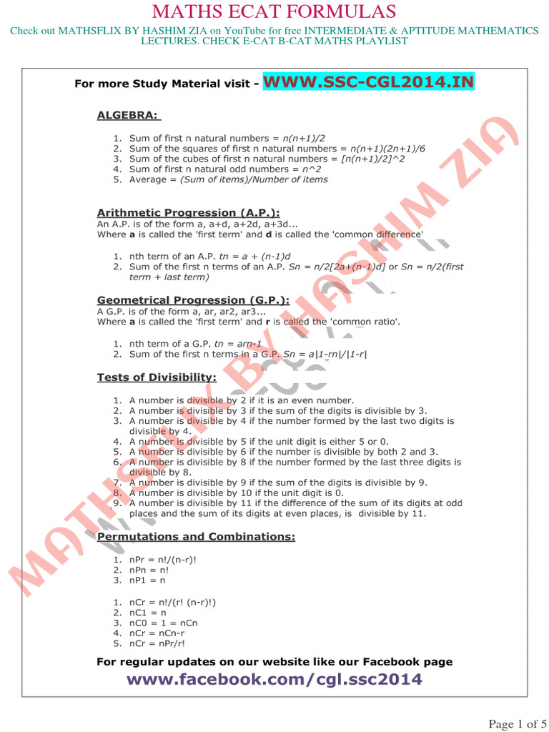 Maths Formulas for ECAT for Entry Tests Preperations | PDF | Mathematics