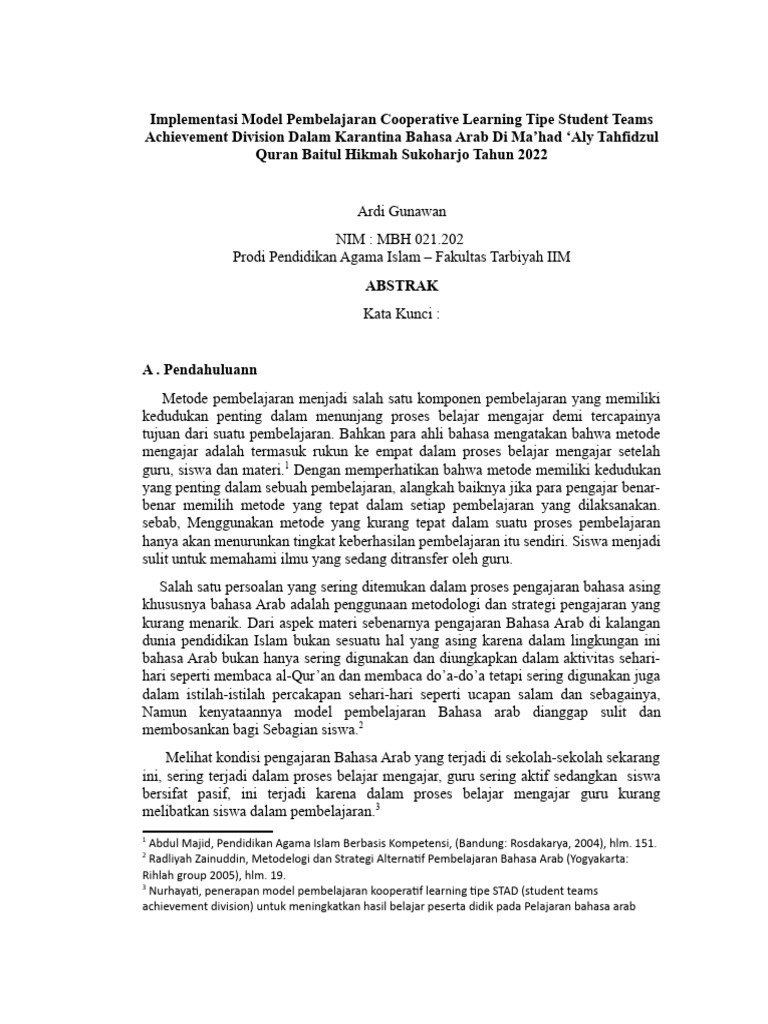 Implementasi Model Pembelajaran Cooperative Learning Tipe Student Teams Achievement Division ...