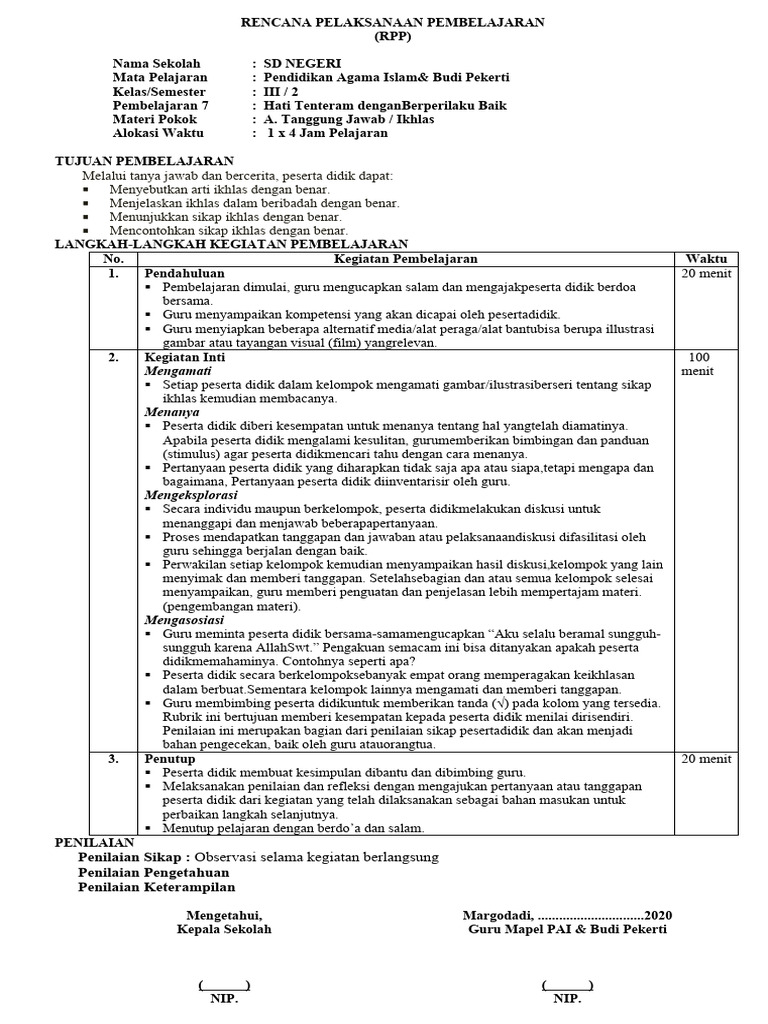 RPP PAI 1 Lembar Kelas 3 Semester 2 Topik 7 Hati Tentram Dengan Berperilaku Baik - Tanggung ...
