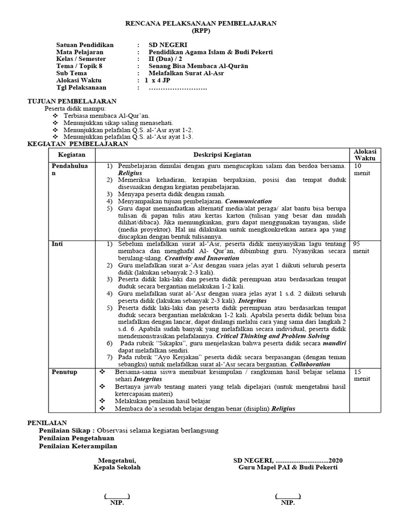 RPP PAI 1 Lembar Kelas 2 Semester 2 Topik 8 Senang Bisa Membaca Al-Quran - Melafalkan | PDF