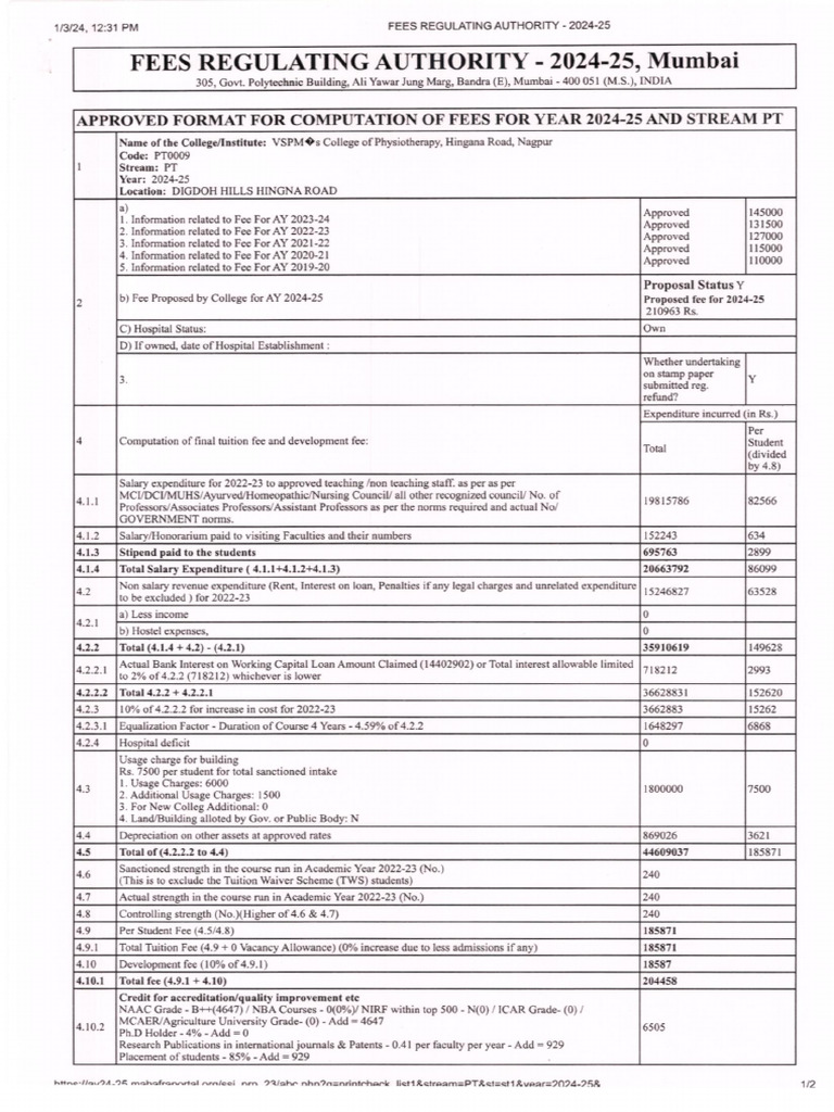 COMPUTATION OF FEES Y 2024 25 Physiotherapy | PDF