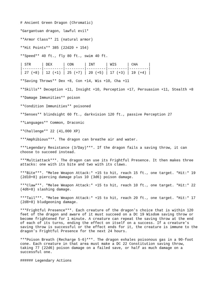 Ancient Green Dragon Stat Block | PDF | Role Playing Games