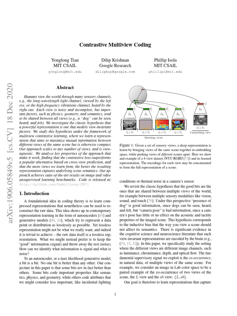 2019 【cmc】 Contrastive Multiview Coding【多视角下的对比学习】 Pdf