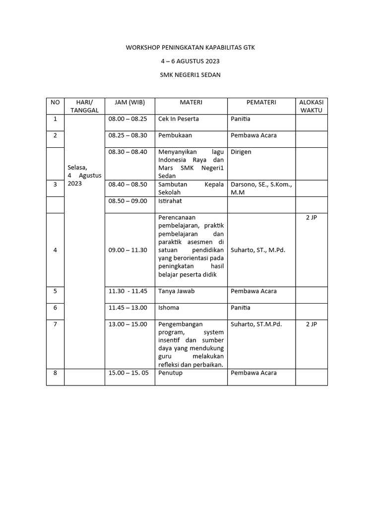 Rundown Acara Workshop GTK (4-5 823) | PDF