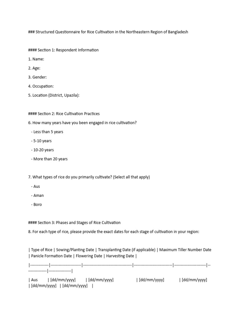 Structured Questionnaire | PDF | Agriculture | Rice