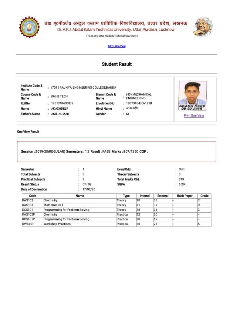 Student Result: Session: 2019-20 (REGULAR) Semesters: 1,2 Result: PASS ...