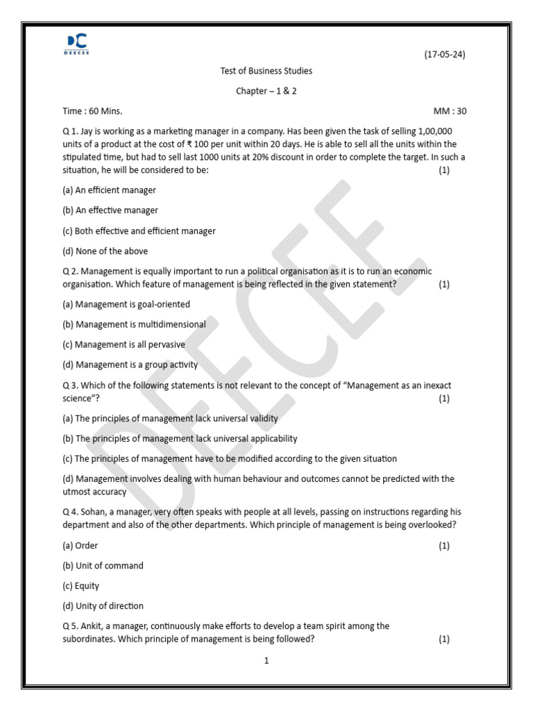 Business Studies Test: Chapters 1 & 2 | PDF | Knowledge | Business