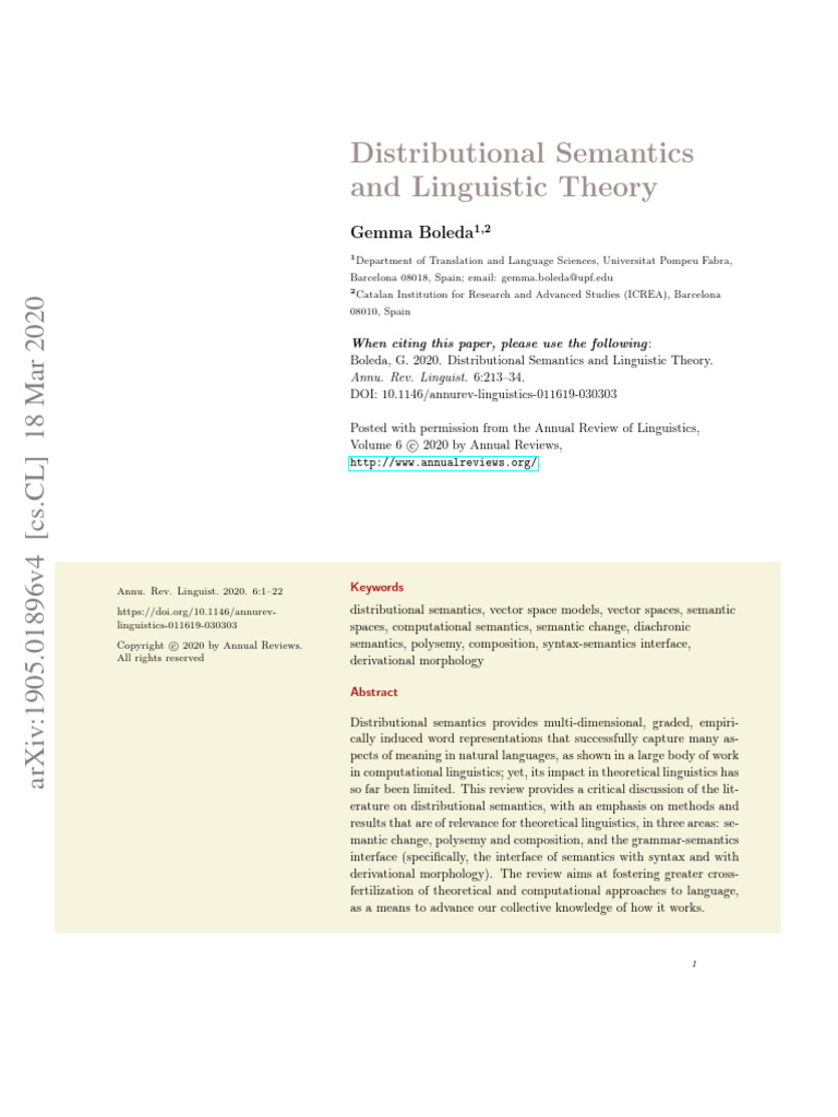 Distributional Semantics and Linguistic Theory | PDF | Semantics | Linguistics