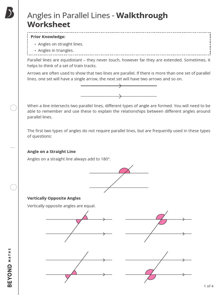 Angles in Parallel Lines KS3 Walkthrough Worksheet | Download Free PDF | Angle | Line (Geometry)