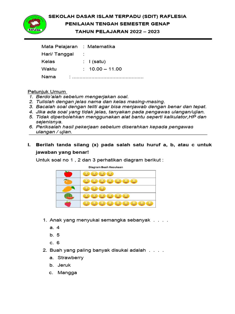 SOAL PTS Matematika KELAS 1 TA 22-23 SMSTER 2 | PDF