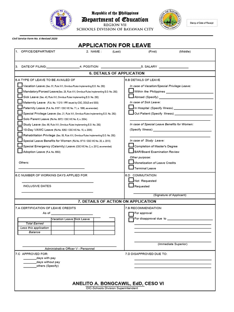 Cs Form No 6 Revised 2020 Pdf Sick Leave