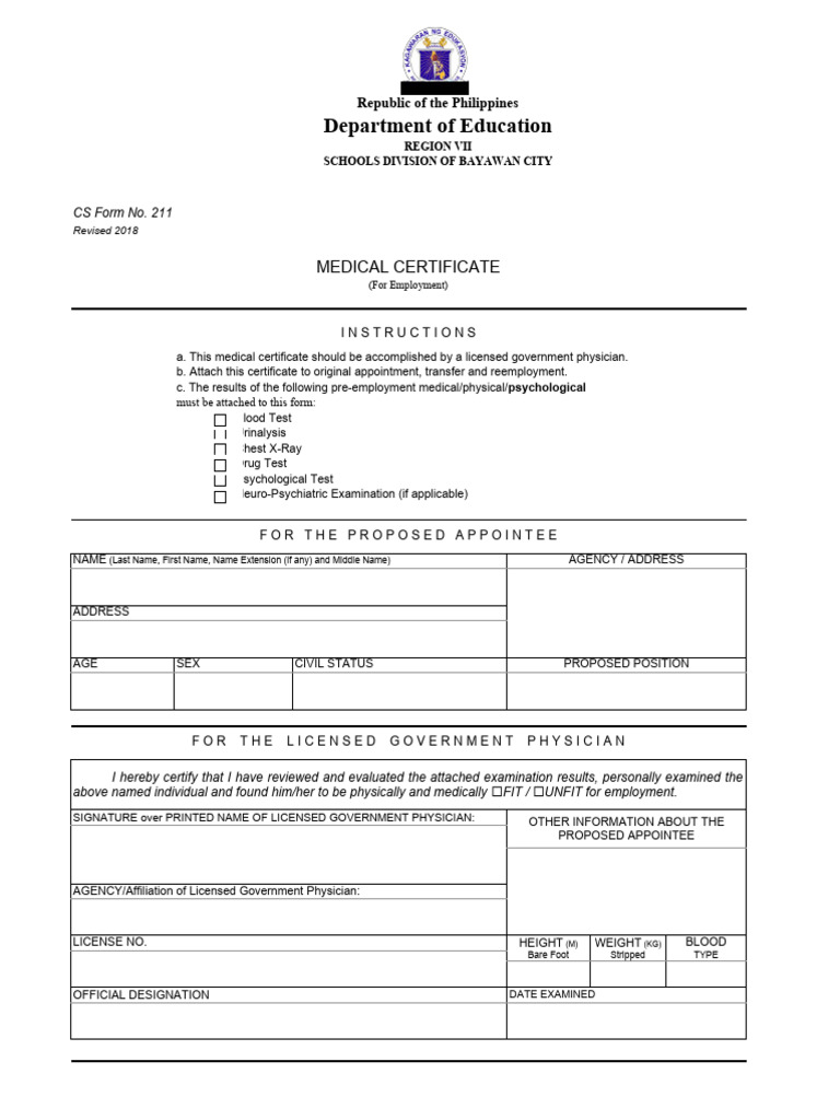 Medical Certificate CS Form No. 211 Revised 2018 | PDF | Physician | Clinical Medicine