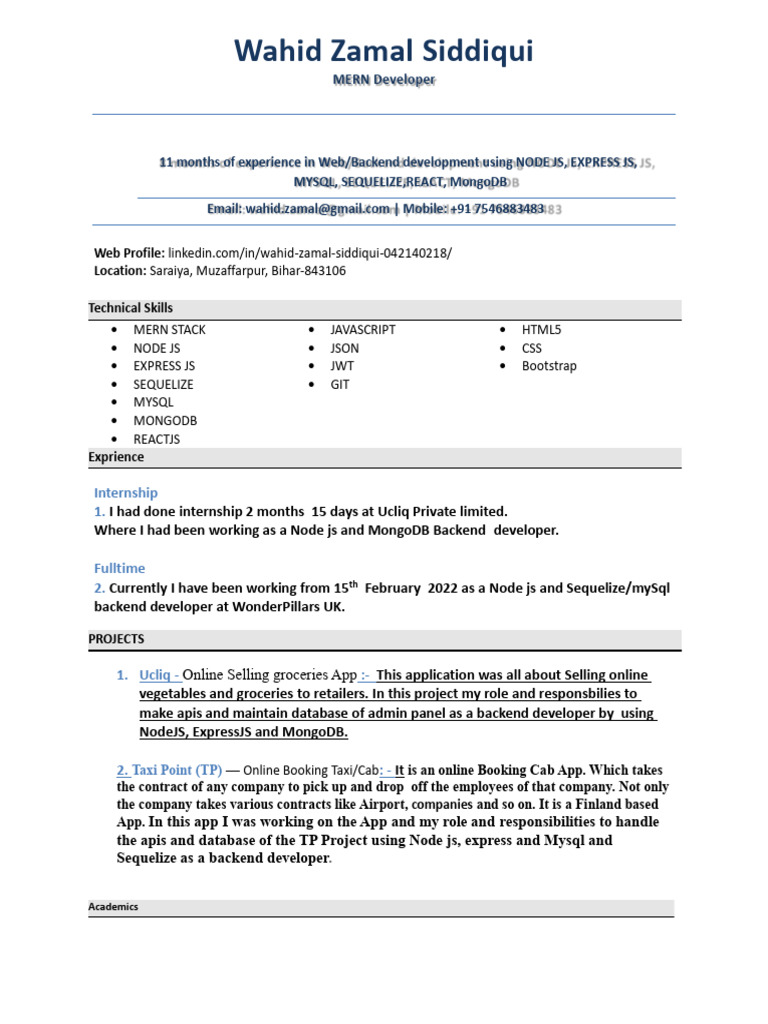 Wahid Zamal Siddiqui's Resume | PDF | Application Software | Web Development