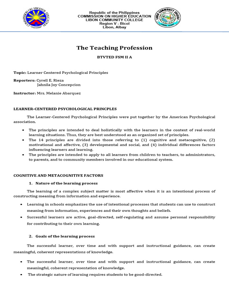 Learner-Centered Principles Guide | PDF | Learning | Motivational