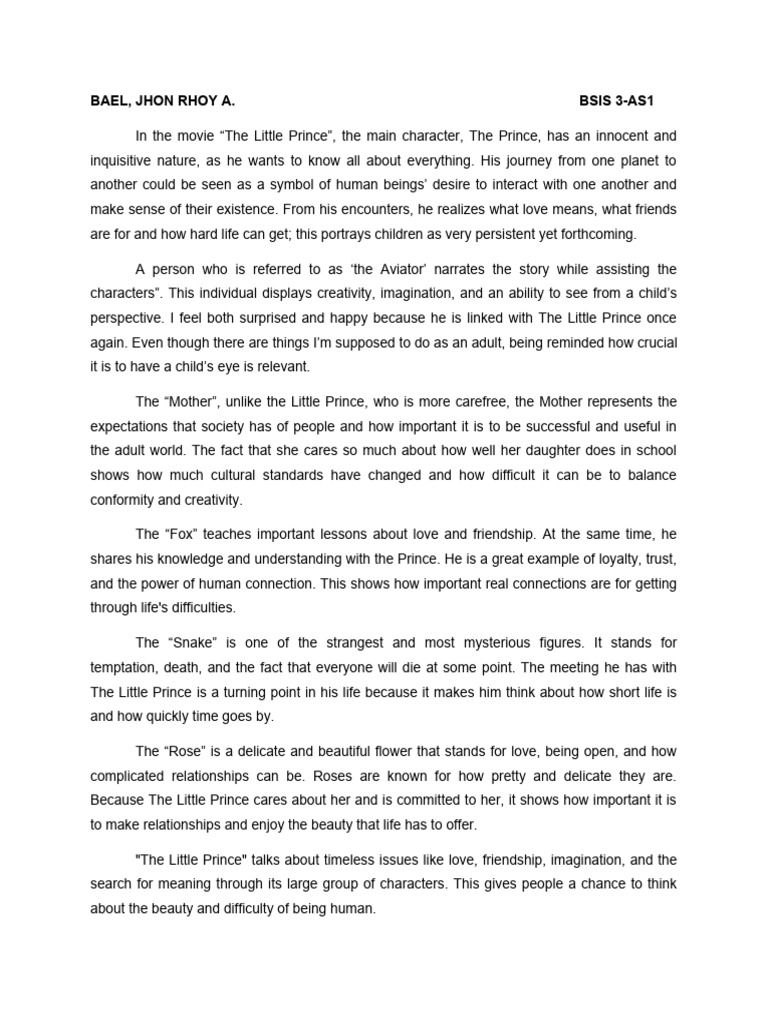 BAEL, CHARACTER ANALYSISsss | PDF | The Little Prince | Love